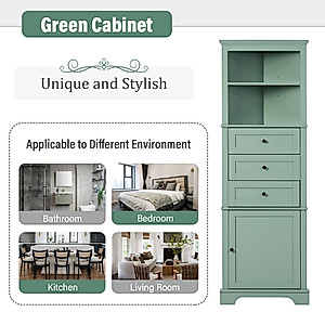 Fuhomtre Triangle Tall Corner Cabinet Drawers and Adjustable Shelves Tall Hutch Corner Bar Cabinet with Door for Kitchen Green