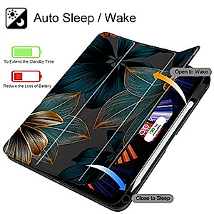 Lepeoac Designed for iPad Pro 12.9 Inch (2022/2021/2020/2018, 6th/5th/4th/3st Generation) with Transparent Shockproof Back Cover [Built-in Pencil Holder] Auto Sleep/Wake, Luxury Leaves