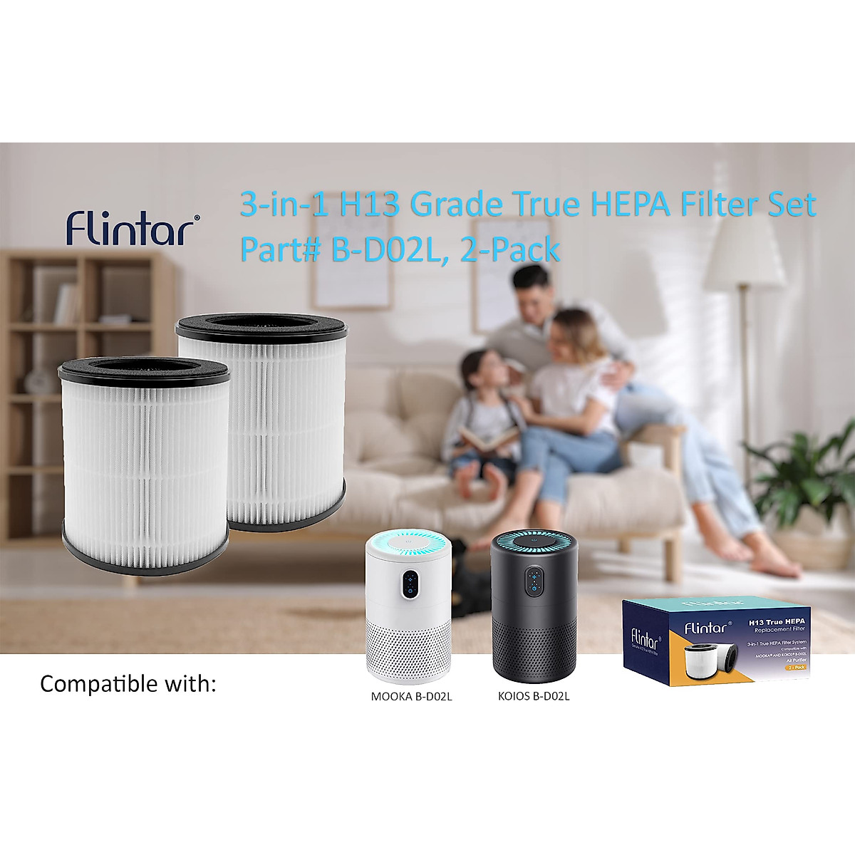 Flintar True HEPA Replacement Filter, Compatible with MOOKA and KOIOS B-D02L Air Purifier and VEWIOR B-D02U Air Purifier, 3-in-1 H13 True HEPA Filter Set, 2-Pack