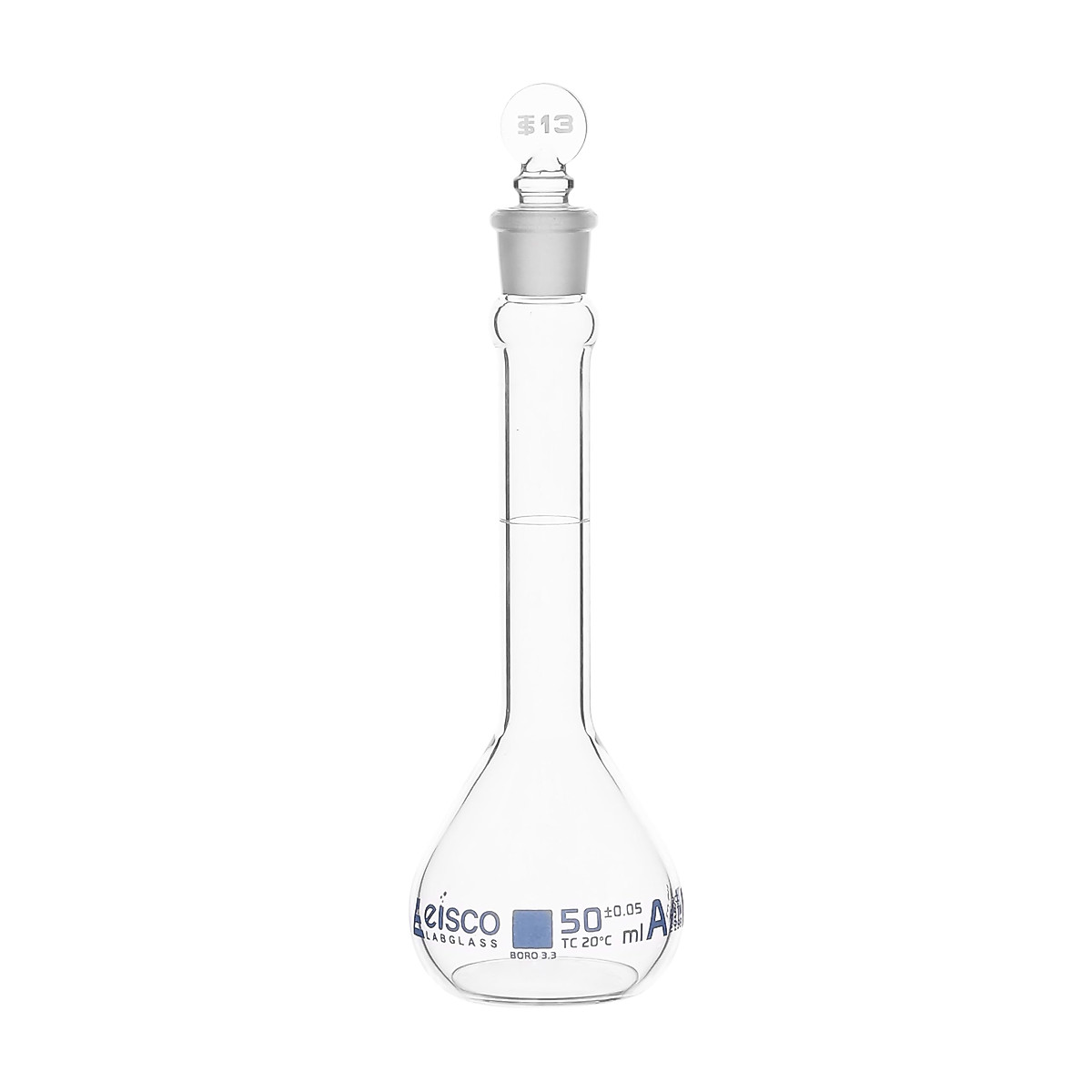 EISCO Volumetric Flask, 50ml - Class A, ASTM - Tolerance ±0.050 ml - Glass Stopper - Single, Blue Graduation
