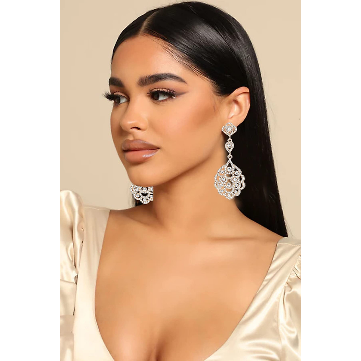 Gold Rhinestone Wedding Bridal Chandelier Dangle Earrings Sparkly Crystal Long Teardrop Statement Earrings for Women Brides Pageant Prom