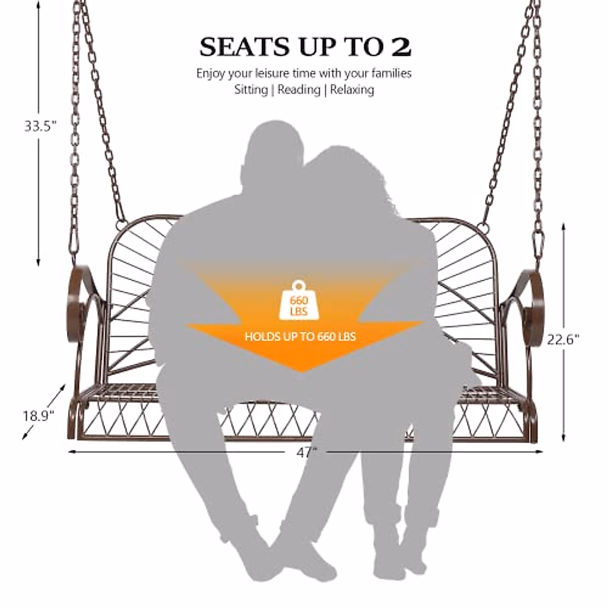 VINGLI Upgraded Metal Patio Porch Swing, 660 LBS Weight Capacity Steel Porch Swing Chair for Outdoors, Heavy Duty Swing Chair Bench for Gardens & Yards (Pattern 3)