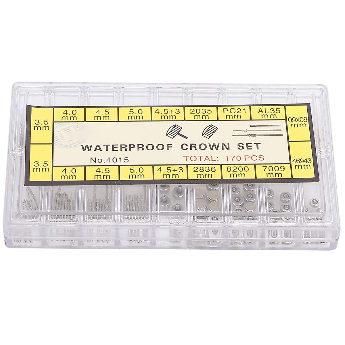 Watch Crown and Stem Set, Stainless Steel Watch Crown Spring Spare Parts Assorted Kit Watch Repair Tool Replacement Accessories with Storage Box, for Watchmaker Watch Repairing