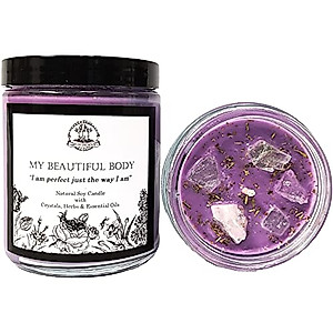My Beautiful Body Affirmation Candle | 9 oz Natural Soy | Rose Quartz & Green Calcite Crystals, Herbs, Essential Oils | Acceptance, Confidence Self-Esteem Rituals | Wiccan Pagan Metaphysical