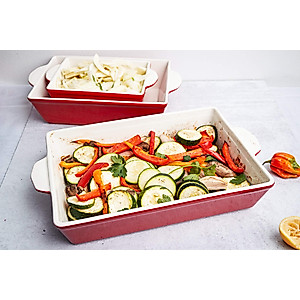 Kook Casserole Dishes for Oven, Ceramic Bakeware Set, Rectangular Baking Dishes, For Casseroles, Lasagna, Cake, Small, Medium & Large Pans, Microwave & Dishwasher Safe, Set of 3 (Cherry)