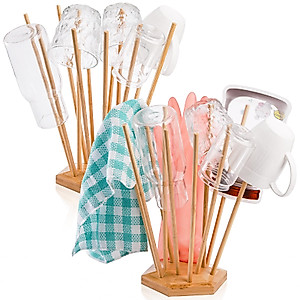 Elsjoy Set of 2 Plastic Bag and Bottle Drying Racks, Bamboo Dryer Rack Stand with 12 Sticks, Reusable Bag Cup Drainer Holder for Kitchen Storage, Hexagon Base