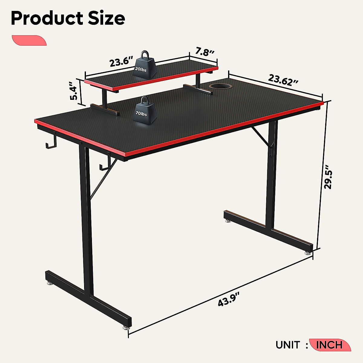 Bestier Gaming Desk with LED Lights 44" Small Computer Desk for Home Office Table with Cup Holder and 2 Headphone Hooks, Black