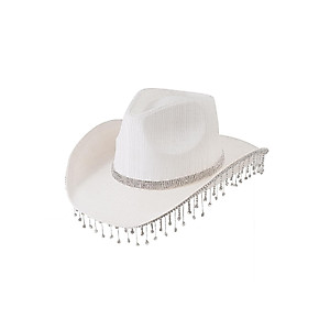 QWINEE Cowboy Hat with Rhinestone Tassel Decor Halloween Cow Fedora Hat Western Cowboy Hat Costume Accessories for Women Men White one-Size