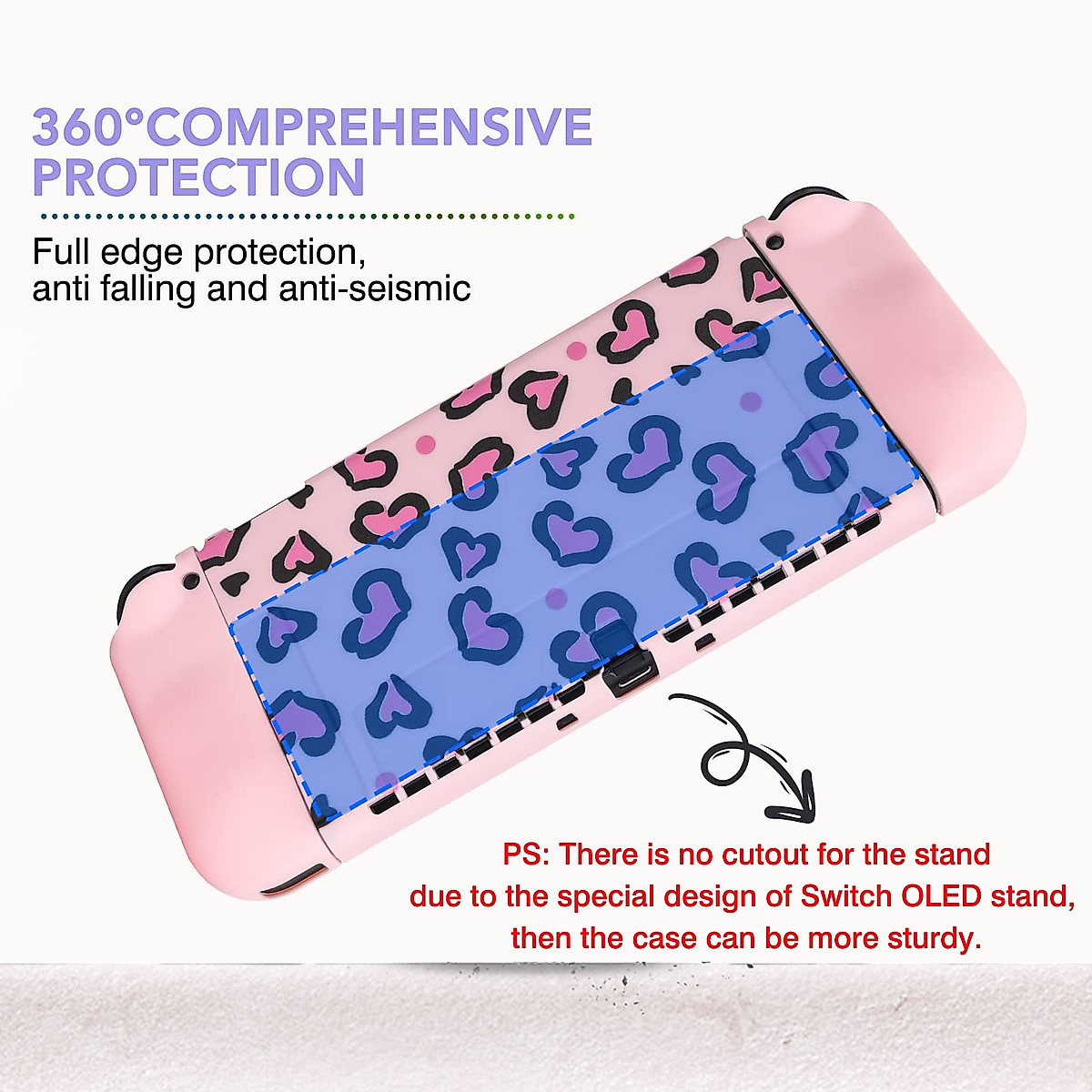 DLseego Pink Love Leopard Carrying Case for Switch OLED, Cute Silicone Protective Soft Cover with 4PCS Thumb Grip Caps and Pink Plush Heart Pendant Hard Storage Case Accessories Kit Bundle for Girls