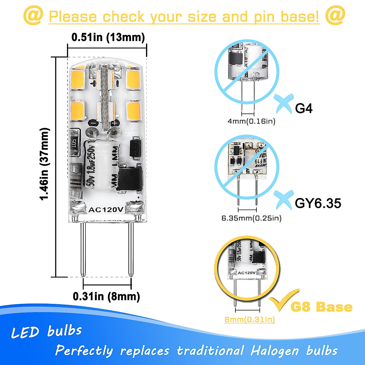 Heifymi 0-100% Dimmable G8 Led Bulbs 3W 4000K Natural White,Replace G8 20 Watt 25 Watt Halogen,120V G8 2Pin Led Light Bulb T4 JCD Type for Under Cabinet Kitchen Lighting,No Flicker,6Pack