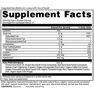 Ancient Nutrition Keto Protein Powder, KetoPROTEIN with Fats from Bone Broth and MCT Oil, Chocolate, 18g Protein 10g Fat Per Serving, Gluten Free, Low Carb, Paleo Friendly, 17 Servings