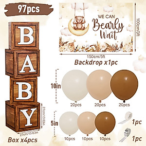 DataMoon Teddy Bear Baby Shower Party Decorations - Wood Grain Boxes with Baby Letters, 90PCS Nude and Brown Balloons, Boho Backdrop “We Can Bearly Wait” for Baby Shower, Gender Reveal,Birthday Party