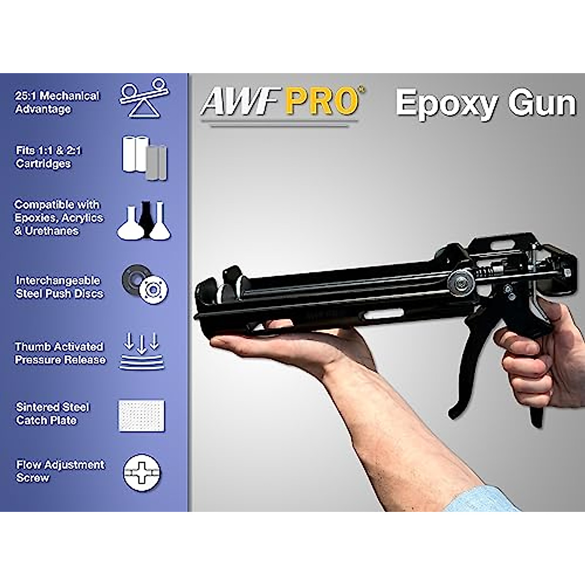 AWF PRO - Dual Cartridge Epoxy Gun. 600 mL / 22 oz, 25:1 Thrust Ratio, Accepts 1:1 and 2:1 Dual Component Mix Cartridges (Epoxy, Acrylic, Urethane). Professional 2 Part Epoxy Gun
