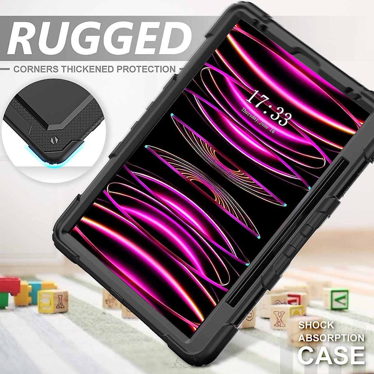 CASZONE Case for iPad Pro 12.9 Case 2022/2021/2020,iPad Pro 12.9 6th/5th/4th Generation Case with Pencil Holder Charger,360ｰRotating Stand,Screen Protector,Hand/Shoulder Strap,Heavy Duty