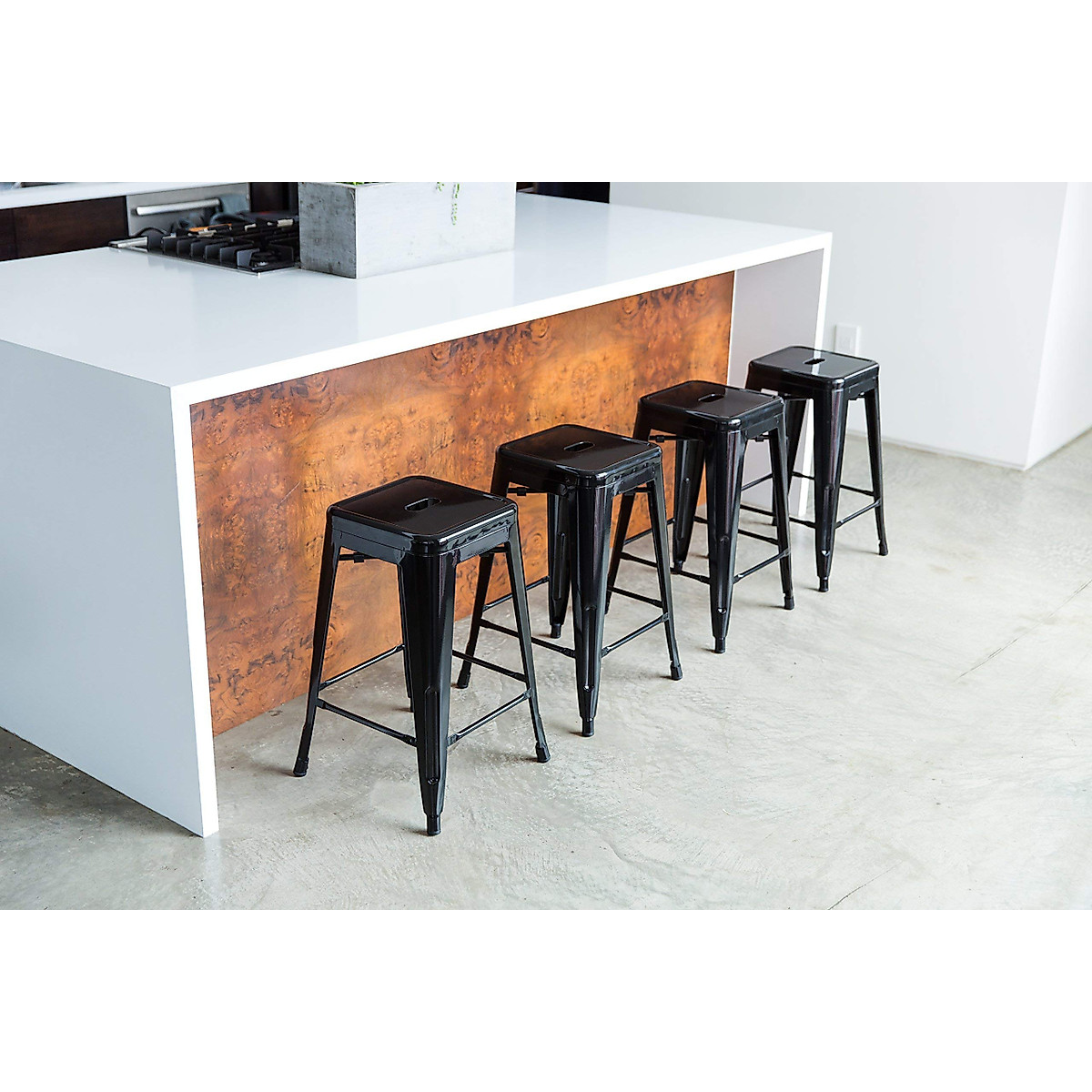 UrbanMod 24 Inches Metal Barstool Set of 4 – Counter Height Backless Bar Stool for Kitchen Island, Breakfast, Outdoors, Pub, Restaurant, Home, Patio – Stackable Heavy Duty Modern & Industrial (Black)