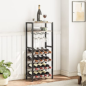 HOOBRO Freestanding Wine Rack, 16-Bottle Wine Storage Rack with Tabletop and Glass Holder, 6-Tier Bar Rack, for Kitchen, Bar, Dining Room, Greige and Black BG04JJ01