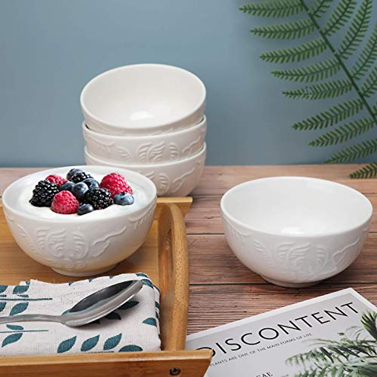 amhomel Cereal Bowls Set of 10 with Embossed Texture, Small Soup Bowls, 11 Ounce Porcelain Deep Bowls for Ice Cream Dessert and Condiment, Lead-Free, Dishwasher & Microwave Safe - White, 4.5 Inch