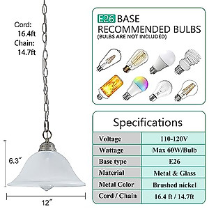 SHENGQINGTOP Plug in Pendant Light Alabaster Glass Shade Hanging Lamp with On/Off Switch,16.4Ft Cord & 14.7Ft Chain Dimmable Brushed Nickel Swag Light Fixture for Kitchen Sink Bar Nook Farmhouse