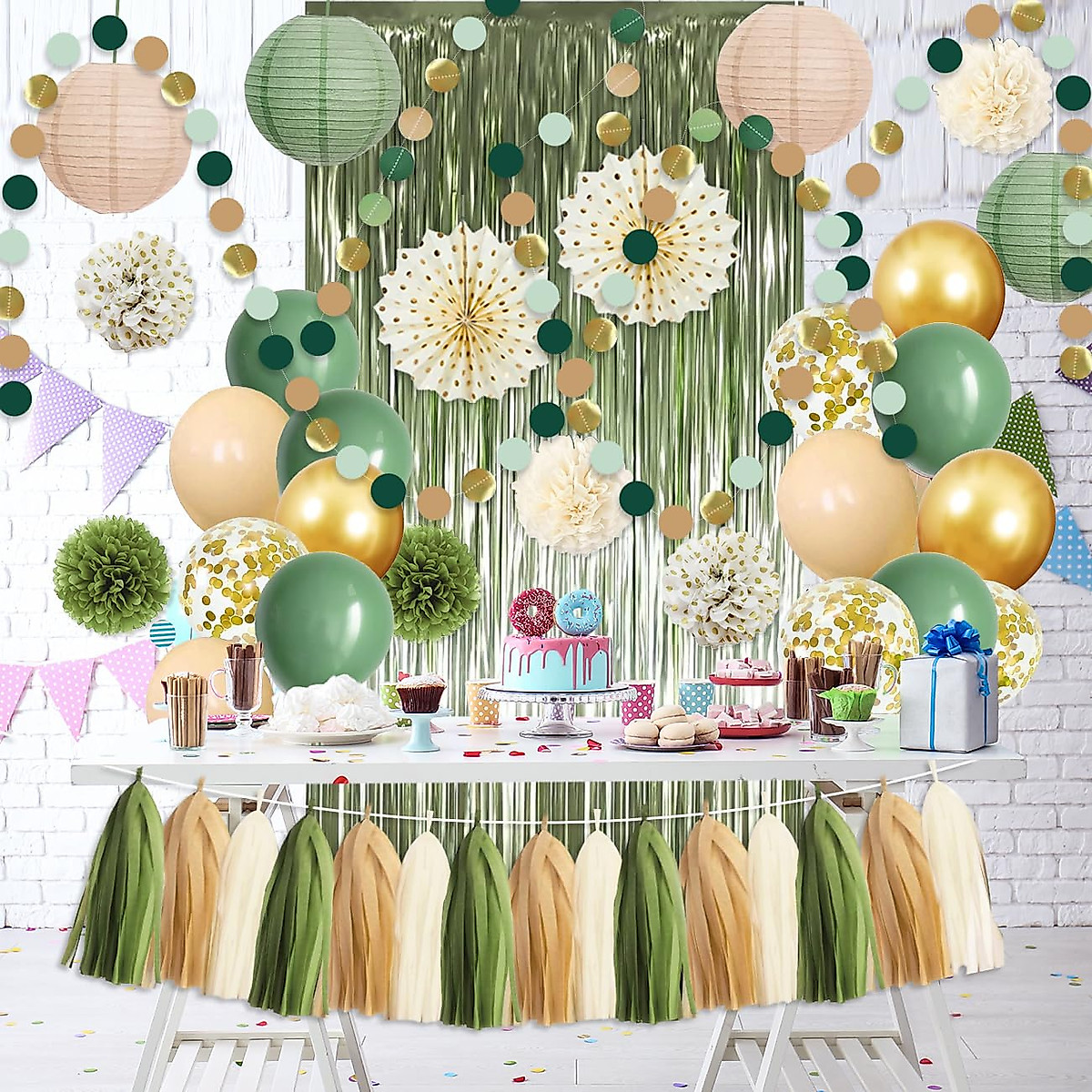 Sage Green Gold Party Decorations, 45Pcs Kit Balloons Paper Pompoms Tassel Garland Fringe Curtain for Wedding Bachelorette Baby Shower Birthday Party