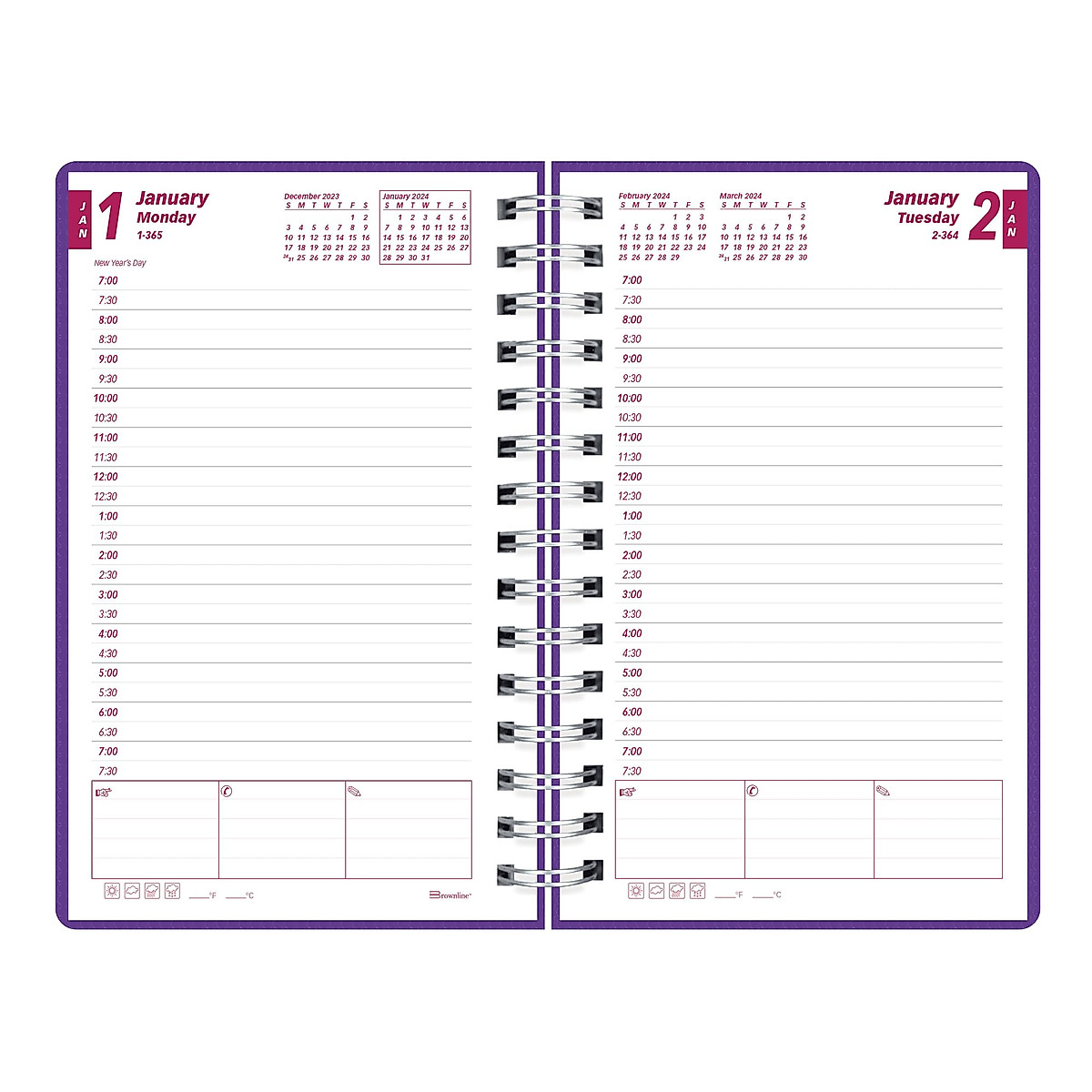 Brownline 2024 DuraFlex Daily/Monthly Planner, Appointment Book, 12 Months, January to December, Twin-Wire Binding, 8" x 5", Purple (CB634V.PUR-24)