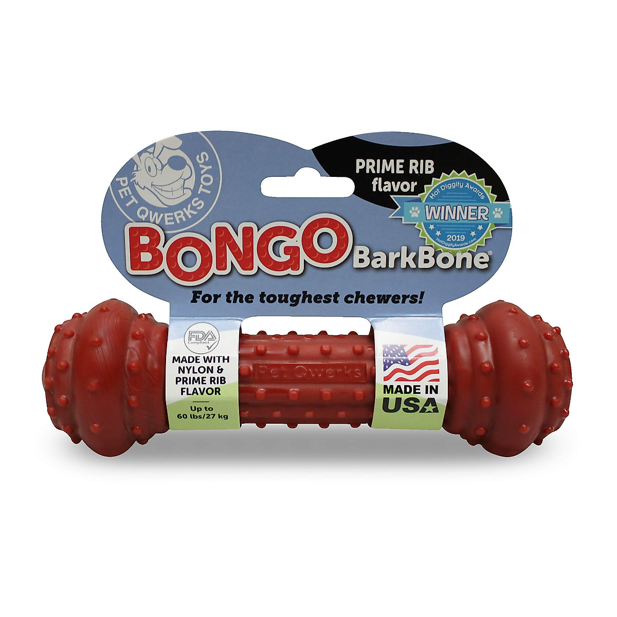 Pet Qwerks Bongo BarkBone - Nylon Dog Bone for Aggressive Chewers - Prime Rib Flavor - Large