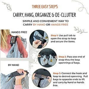 MULTUS Hand or Hands Free Grocery Bag Carrier 3 Pack - Carry Hook and Loop Strap, Plastic Bag Holder and Storage Hanger, All-Purpose Organizer