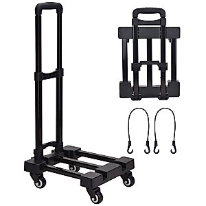Lougnee Folding Hand Truck, 4 Wheels Fold Up Hand Cart with 2 Elastic Ropes, Portable Foldable 220 lbs Capacity Heavy Duty Luggage Cart, Utility Dolly Platform Cart for Car House Office Moving, Black