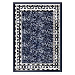 Antep Rugs Alfombras Modern Bordered 5x7 Non-Skid (Non-Slip) Low Profile Pile Rubber Backing Indoor Area Rugs (Navy Blue, 5' x 7')