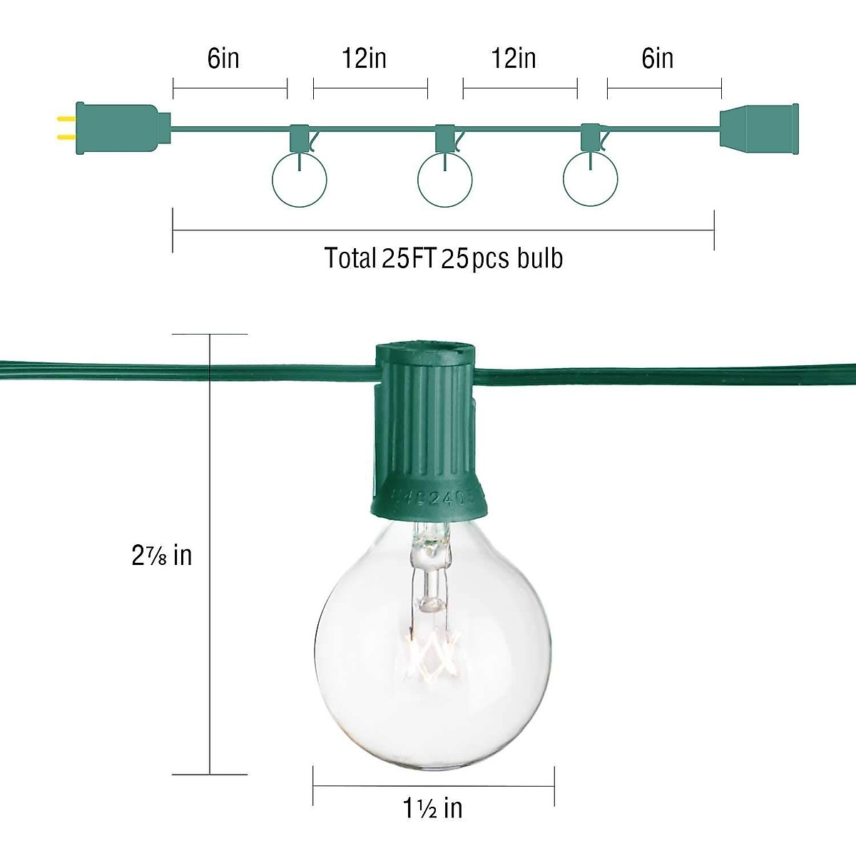 SUNSGNE 25Ft Christmas String Lights, G40 Globe String Light with 27 Clear Bulbs, UL Certified for Outdoor Indoor Garden Party Wedding Pergola Backyard Patio Xmas Decoration, Green Wire