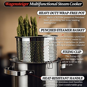 WAGENSTEIGER Premium Stainless Steel Asparagus Steamer Pot or Spaghetti Pasta Stovetop Cooker with Perforated Steamer Basket, Tall & Large Size, Versatile Cookware, 3-Ply Base(4.3Liters/1.14Gals)