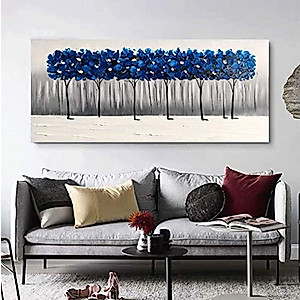 Yihui Arts Landscape Painting Abstract Tree Canvas Art Handpainted Indigo Blue Forest Pictures Artwork for Living Room Bedroom Wall Decor (20Wx40L)