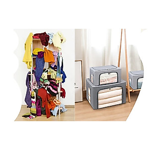 Stackable Clothes Storage Box for Clothing Gadgets,Steel Frame Storage Bins for Bedding Blankets Toys Gift,Foldable Oxford Fabric Closet Organizer Bag Set with Carry Handles and Clear Window (Large- 66L x3 Pack, Grey)