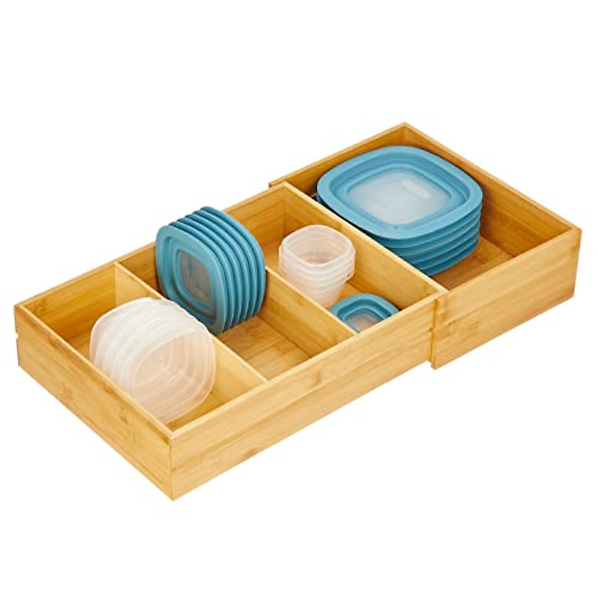mDesign Bamboo Wood Expandable Deep Kitchen Drawer Organizer Tray Bin for Kitchen; Organize Drawers, Counters, Shelves; Holds Plasticware, Lids, Towels, Utensils; Home Sort Collection - Natural