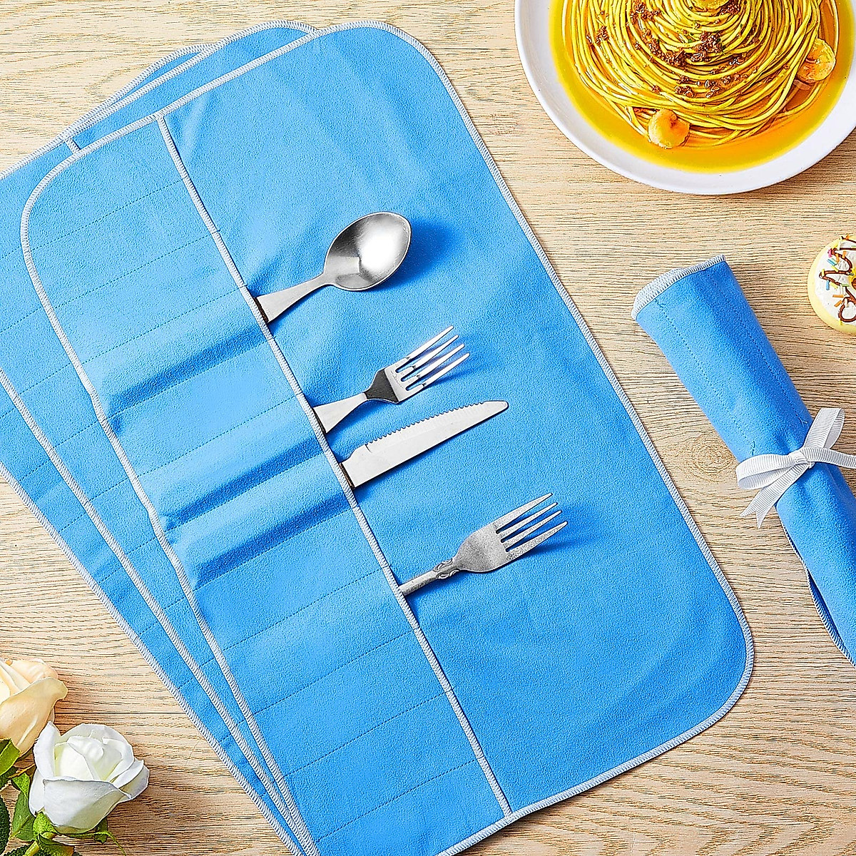 Silver Storage Bags Silver Storage Cloth Anti Tarnish Silver Protector Bags Blue Holder for Silverware Flatware Storage Organizer Place Setting Roll with White Ribbon for Kitchen Utensils (4 Pieces)