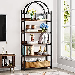 Tribesigns 5-Shelf Arched Bookcase, Industrial Metal Etagere Open Bookshelf, Rustic Wood Shelf with Black Metal Frame,72 Inches Tall(1, Brown+Black)