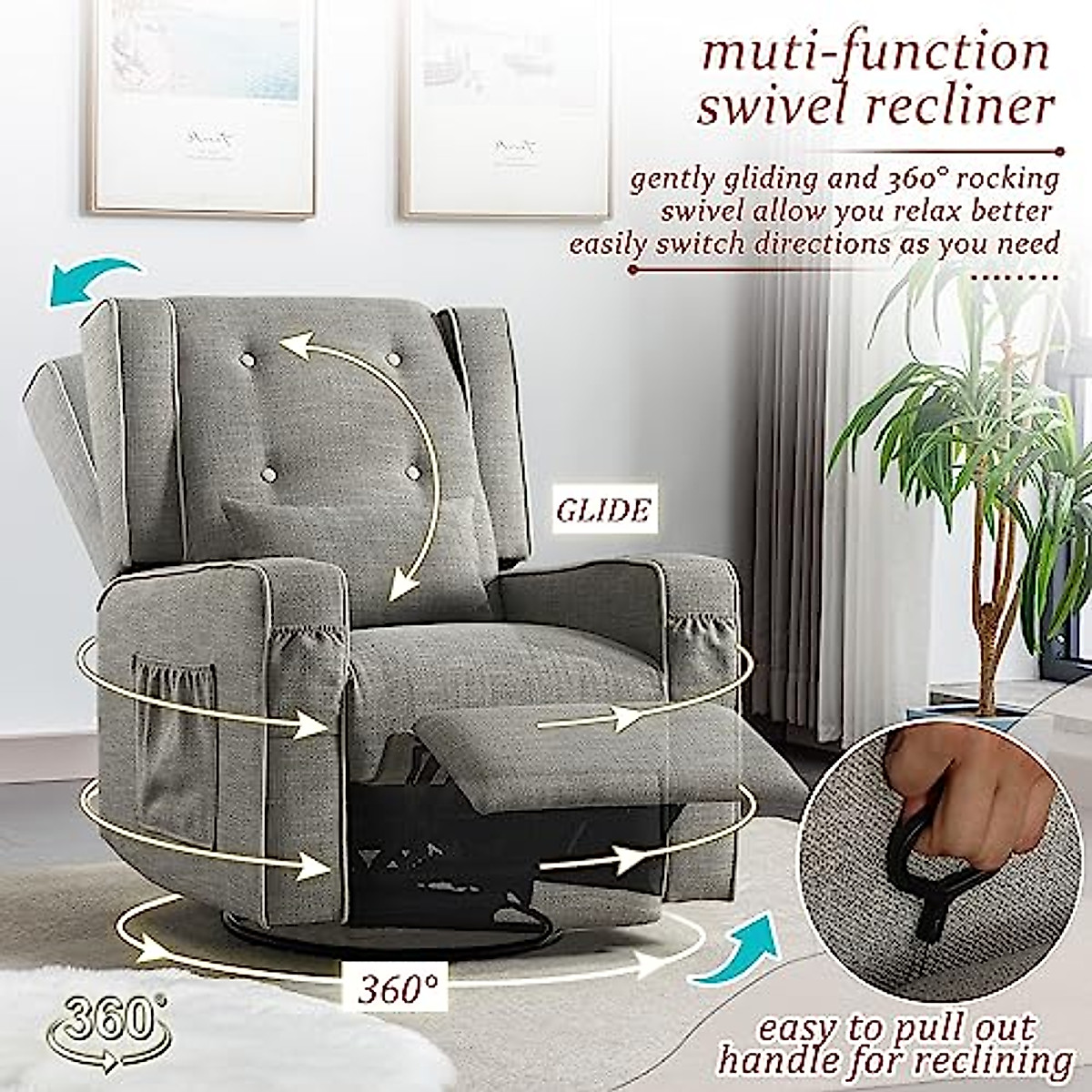 OPRISEN 360° Manual Swivel Recliner Swivel Rocker Recliner Chair for Nursery Overstuffed Wingback Glider Chair w/Side Pockets/Cup Holders (Beige)