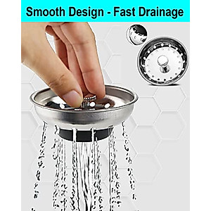 Kitchen Sink Strainer Stopper Combo Basket Replacement for Standard 3-1/2 inch Drain, Chrome Plated Stainless Steel Body with Rubber Stopper, Bonus 3pcs Kitchen Cleaning Brushes (Stainless Steel)