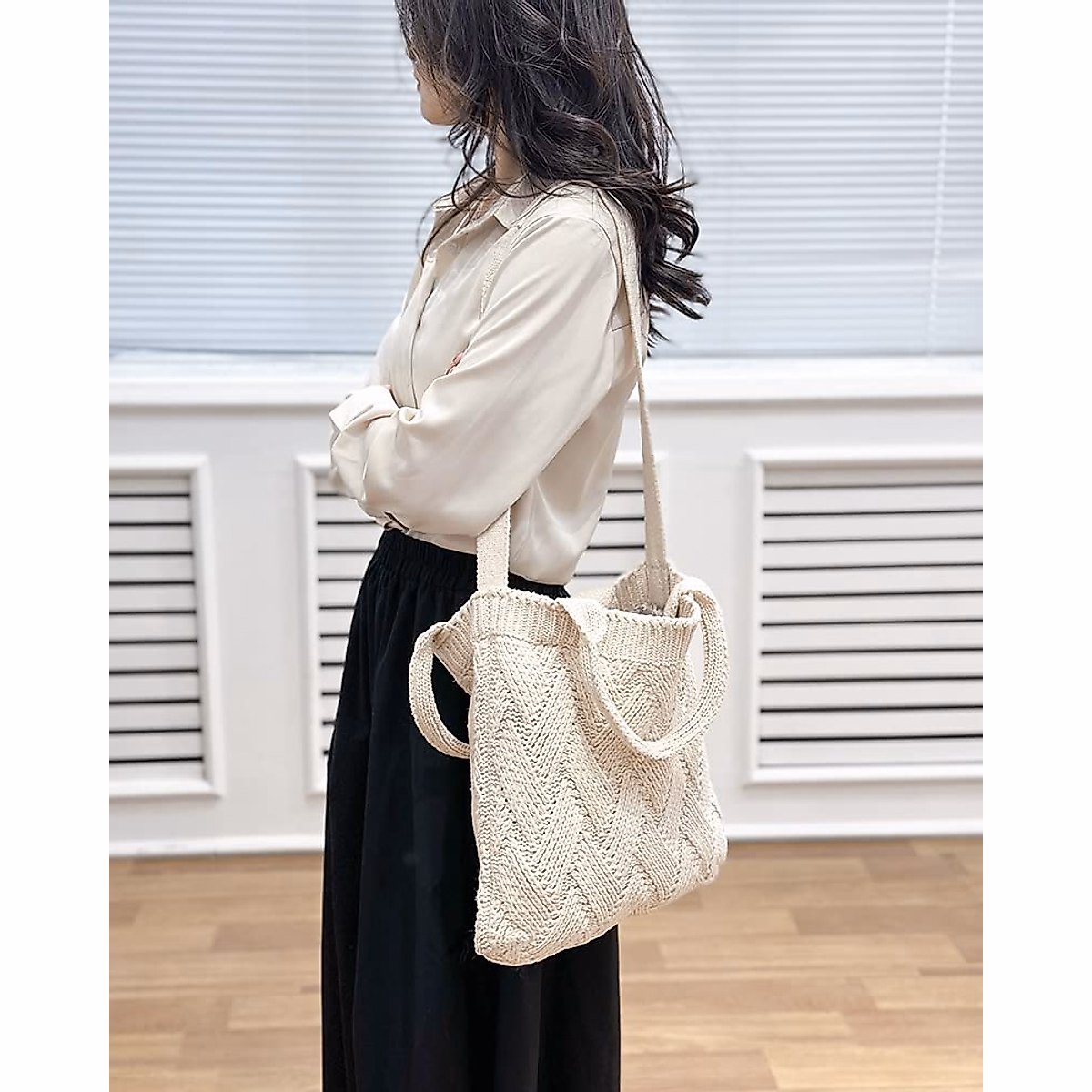 ENBEI Women's tote bag aesthetic Crocheted Bags Shoulder Bag Tote Bag for school Handbag hobo bag Knitted Tote Bag (white)