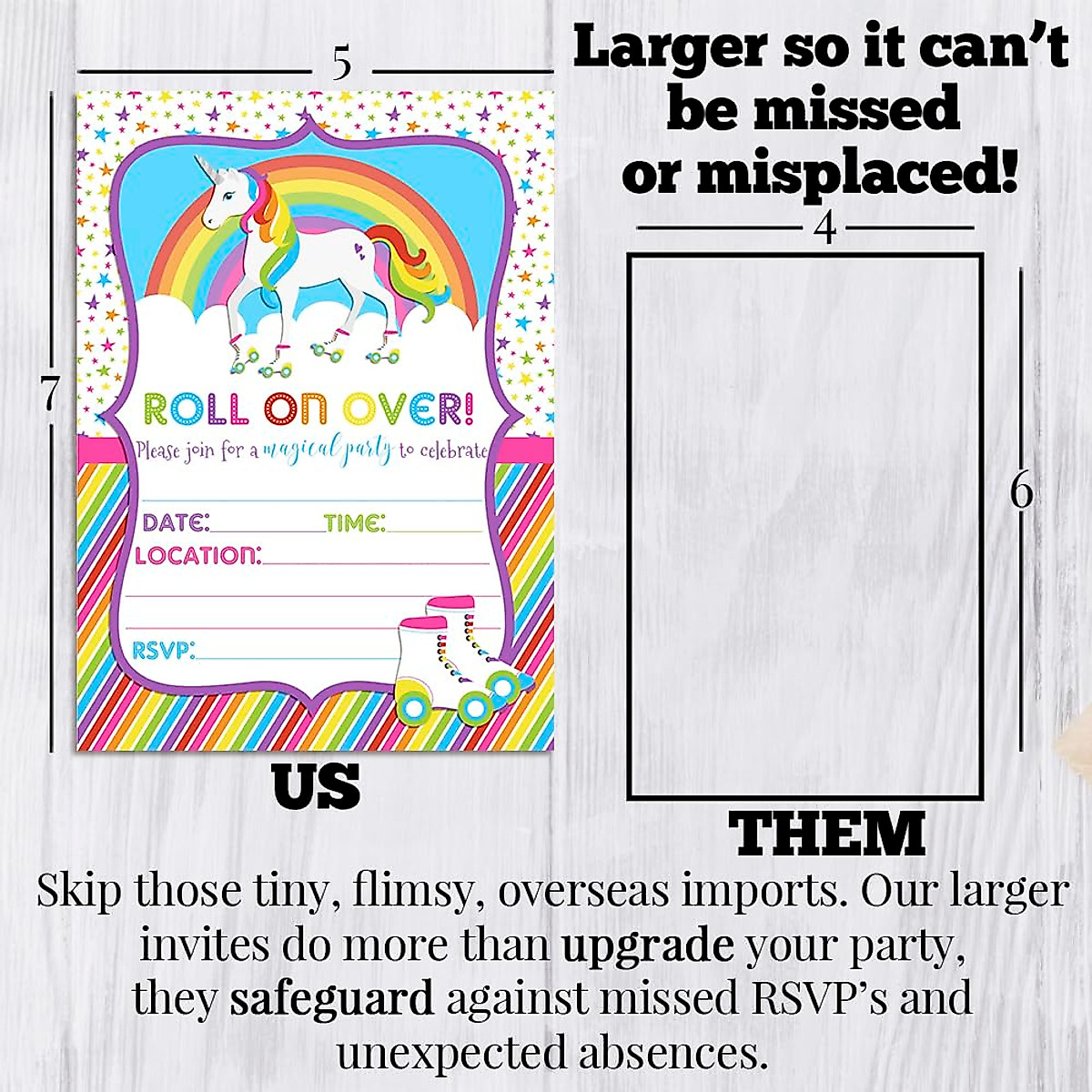 Colorful Unicorn Rainbow Roller Skating Birthday Party Invitations, 20 5x7 Fill In Cards with Twenty White Envelopes by AmandaCreation