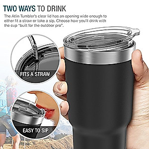 Atlin Tumbler [30 oz. Double Wall Stainless Steel Vacuum Insulation] - Black Travel Mug [Crystal Clear Lid] Water Coffee Cup [Straw + Handle Included]For Home, Office, School, Ice Drink, Hot Beverage