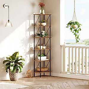 CHOEZON Narrow Book Shelf 6-Tier 67.2" Tall Bookcase with Protective Diagonal Braces, for Living Room, Bedroom, Study, Balcony, Rustic Brown and Black TCJ06BF