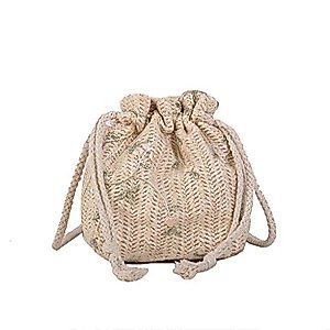 justHIGH's Backpacks Women Straw Crossbody Shoulder Bag Drawstring Bucket Summer Beach Bag Crochet Knit Purse (White -1)