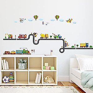 DECOWALL SG2-2107 Construction Transportation Wall Decals Car Truck Tractor Road Stickers for Kids Boys Living Room Decor Bedroom Playroom Nursery Peel and Stick Removable