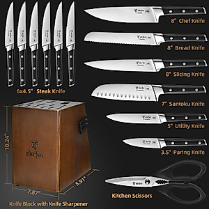 Knife Set with Block, ODERFUN 15 Pcs 50CR15MOV German Steel Kitchen Knife Set, Ultra Sharp Knives Set for Kitchen with Knife Sharpener, Ergonomic Handle Full Tang Forged with NSF Certified