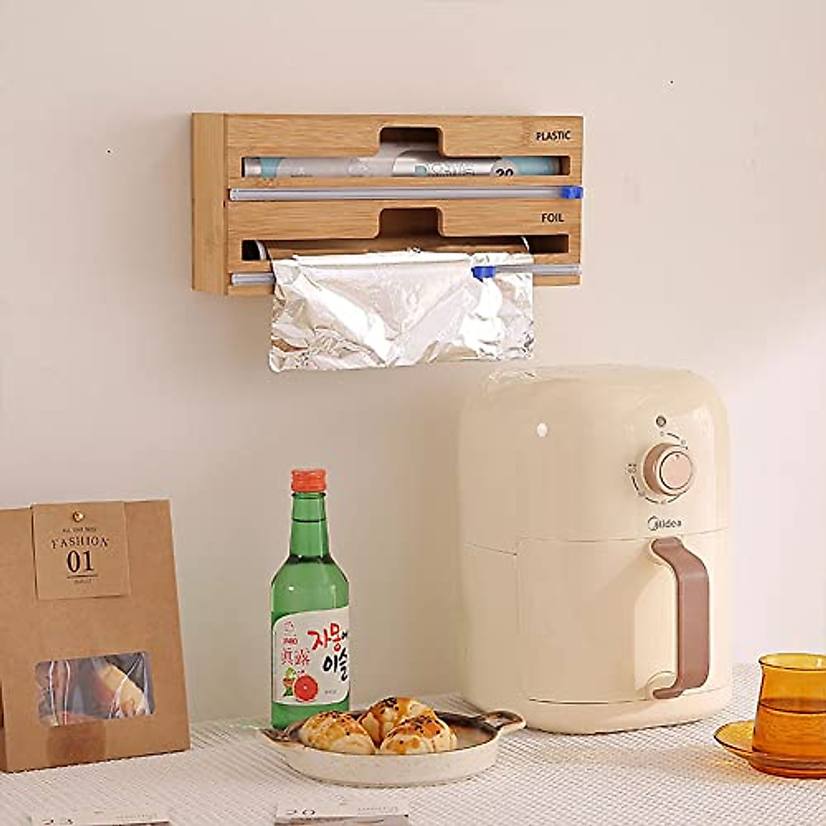 Plastics Wrap Dispenser with Slide Cutter,Kitchen Drawer Wood Storage Dispenser for Aluminum Foil,Cling Film,Tin Foil,Wax Paper.Foil and Plastic Storage Organizer(2 Slot).