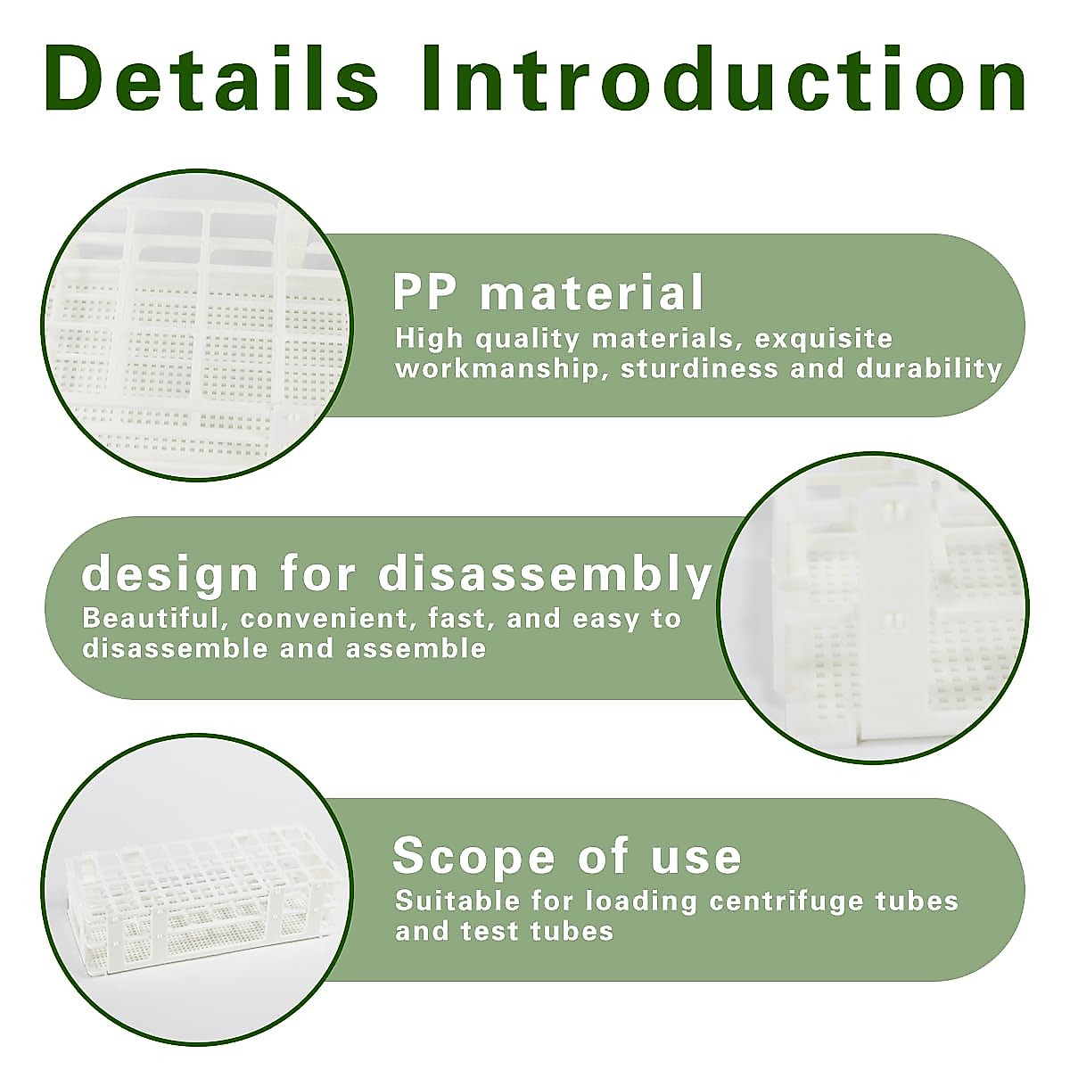 BIPEE Plastic Test Tube Rack, 40 Holes，Test Tube Holder for 20 mm Test Tubes, White vial holder, Detachable test tube holder rack (1pcs，40 Holes）