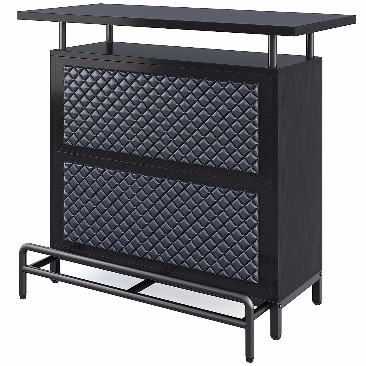 LITTLE TREE 47 Inches PU Leather Home Bar Table Unit Liquor Cabinet Glasses Holder and Metal Footrest,Wine Rack for Kitchen Living Room, 2-Tier, Black