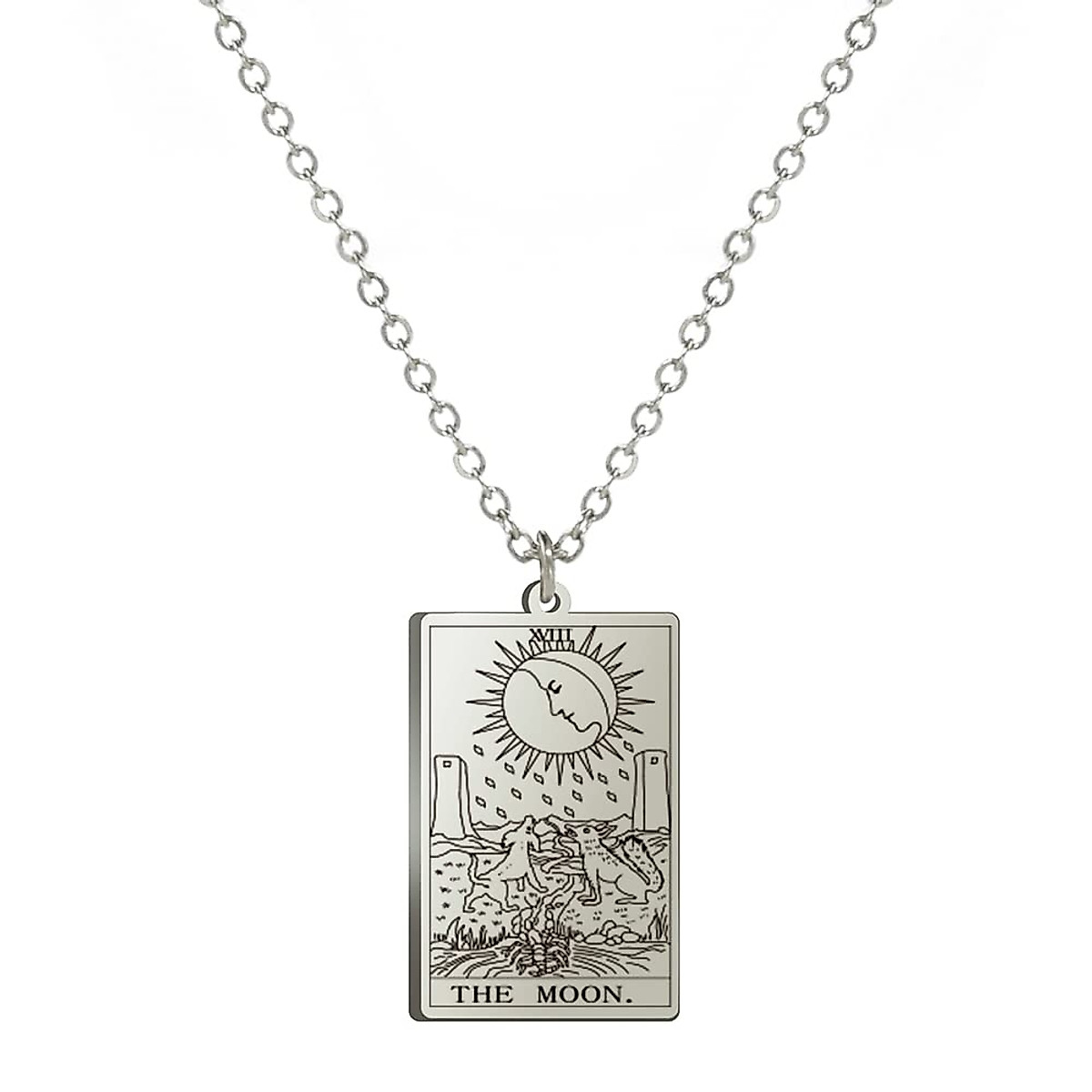 TEAMER Stainless Steel Tarot Cards Necklace Vintage Tarot Jewelry Good Luck Amulet Pendants for Women (Silver-THE MOON)