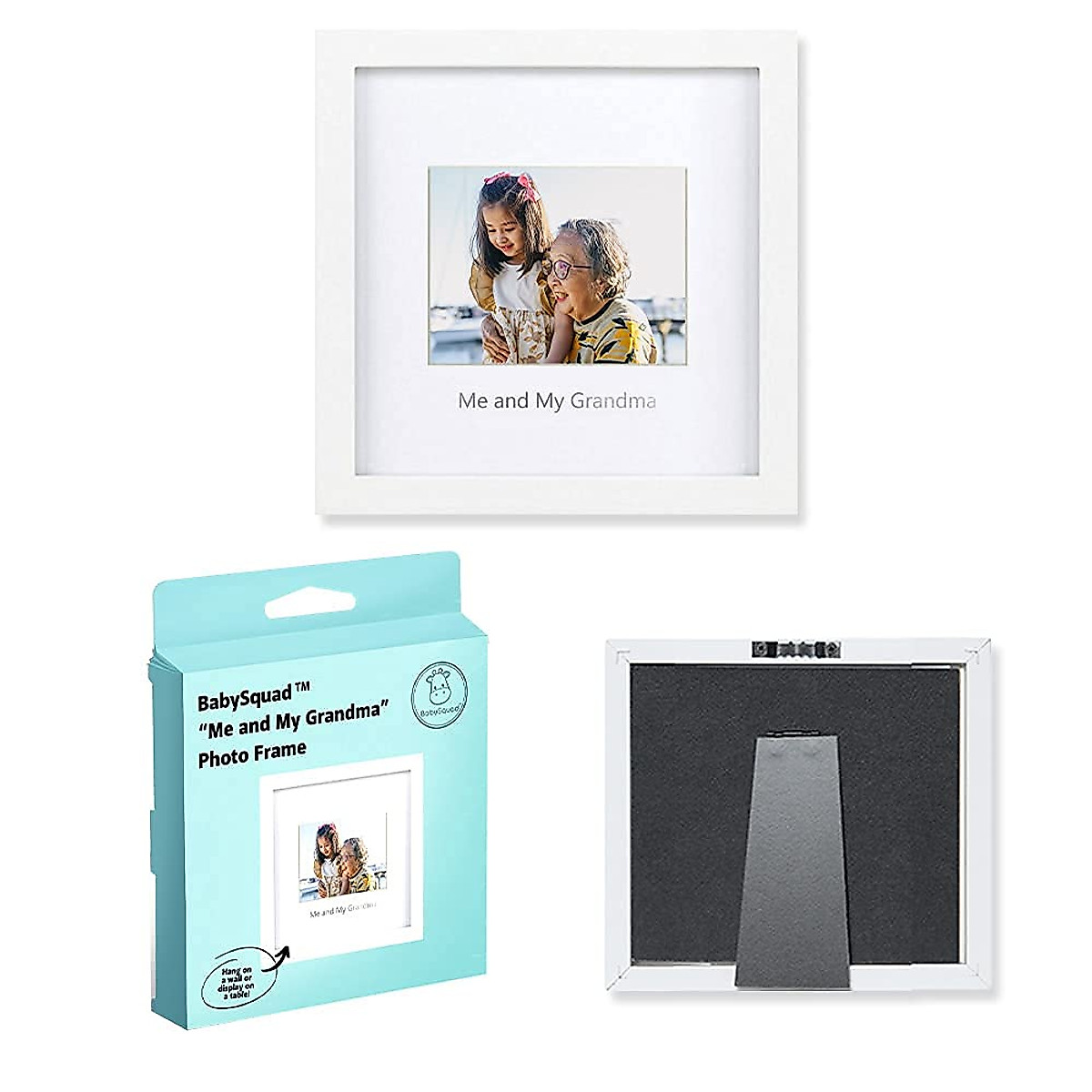 BabySquad Me and My Grandma Photo Frame, 7 x 7 (INCHES), Sawtooth Hanger + Kickstand, Grandma Gifts, Handcrafted White Wooden Photo Frame, Keepsake Gift