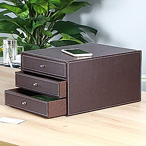SHABOZ File Cabinets Multifunctional Storage Cabinet, Flat, 3-Layer Drawer Desktop Data Storage Box, Leather Office Cabinet Stacking Cabinet, Desktop Accessories (Brown)